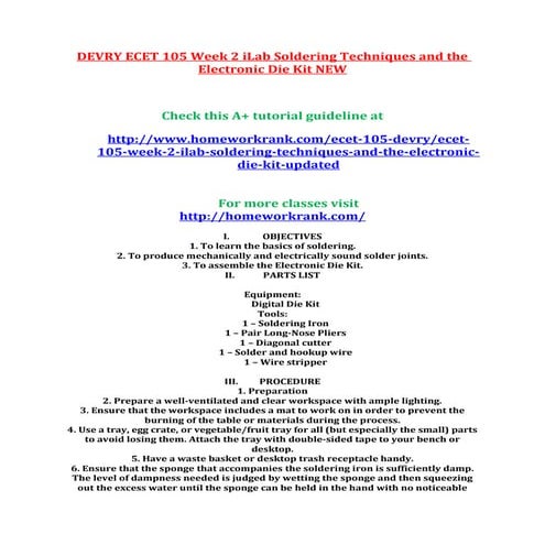 Devry ecet 105 week 2 i lab soldering techniques and the electronic die ...