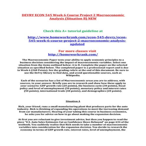 Devry econ 545 week 6 course project 2 macroeconomic analysis (situation b) new | DOC