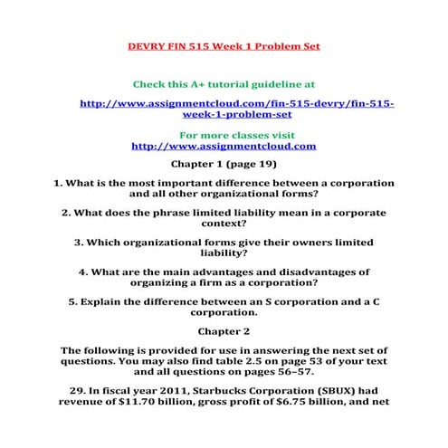Devry fin 515 week 1 problem set | PDF