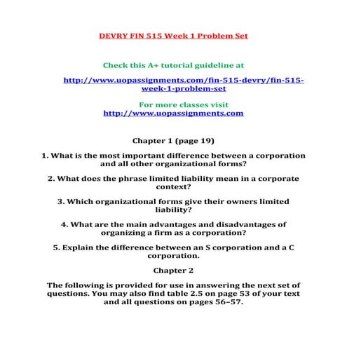 Devry fin 515 week 1 problem set | PDF