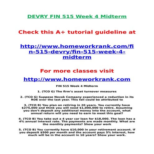 Fin 515 final exam set 1 | PDF