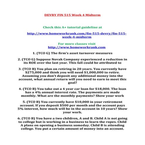 Fin 515 final exam set 1 | PDF