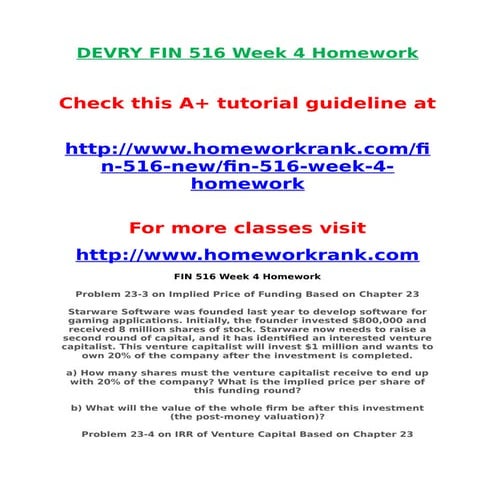 Devry fin 516 week 4 homework | PDF | Venture Capital | Business Banking & Finance