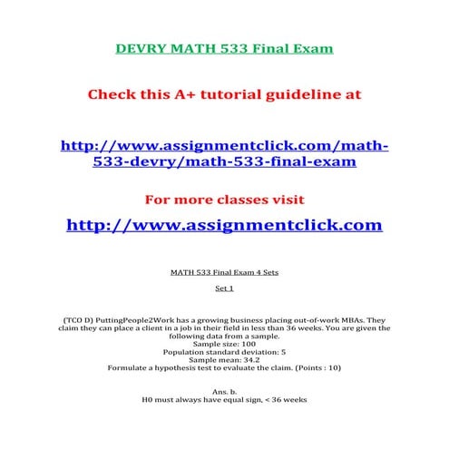 Math 533 ( applied managerial statistics ) final exam answers | DOCX