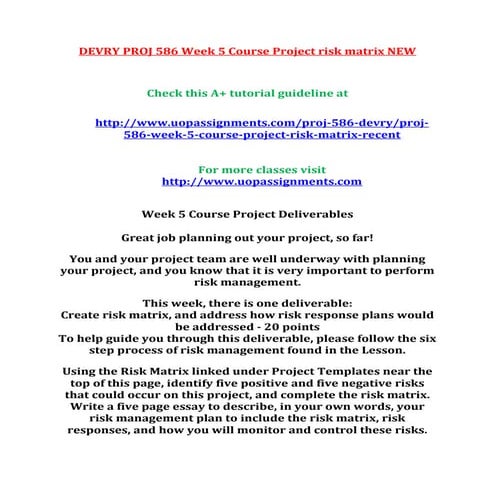 Devry proj 586 week 5 course project risk matrix new | DOC