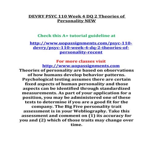 Devry psyc 110 week 4 dq 2 theories of personality new | DOC