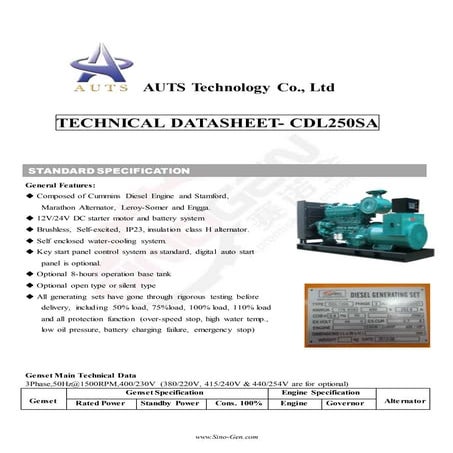 Data Sheet-Cummins 250KW Diesel Genset(NTA855-G2) | DOCX