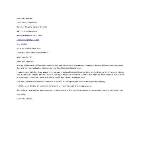 Reference letter by Sherry Pawlenko | DOCX | Dining Out | Food & Drink