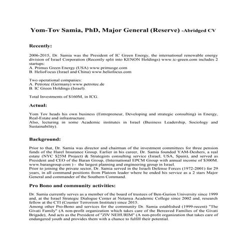 Yom-Tov Samia - Abridged CV - English Jan 2016 | PDF