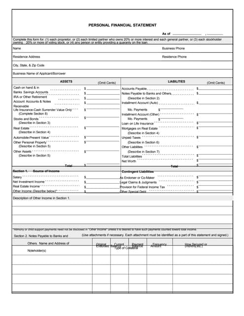 Sample Personal Income Statement