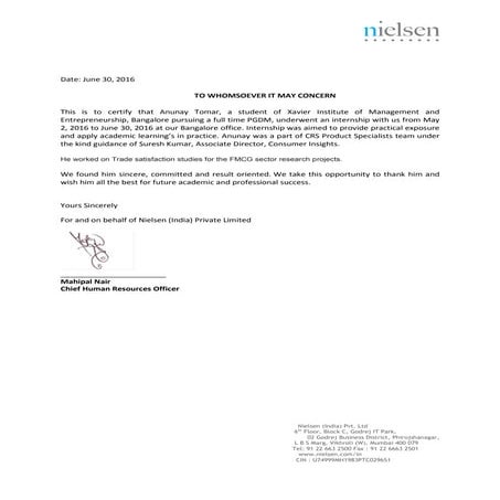 Internship Completion Letter - Anunay Tomar | PDF