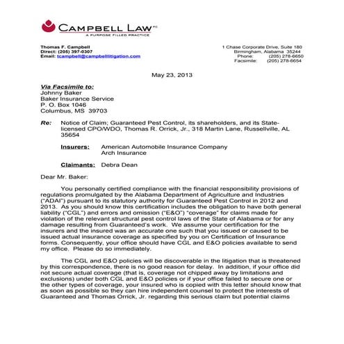 20130524 Ltr to Ins re Ntc of Claim v2 | DOC | Motor Insurance | Insurance