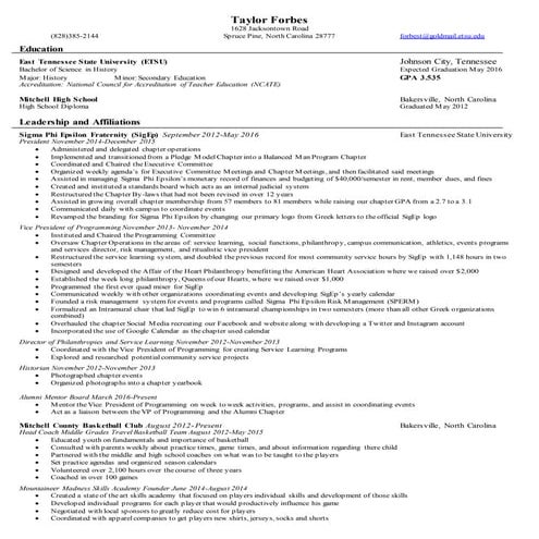 Taylor Forbes Resume 2016 | DOCX | College Education | Education