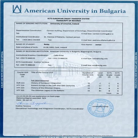 Reidy James ECTS transcript | PDF