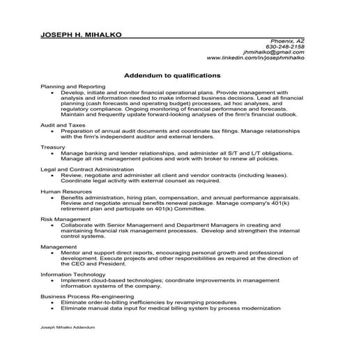 Joe Mihalko resume addendum | PDF