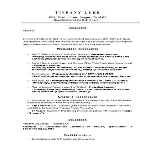 Tiffany Resume 2017 (Production) | DOC
