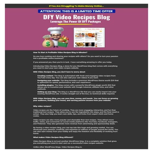DFY Video Recipes Blog- Fresh Daily Content includes Paid Plugin and ...