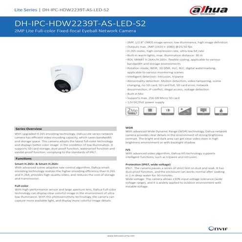 Camera Dahua DH-IPC-HDW2239TP-AS-LED-S2 datasheet | PDF