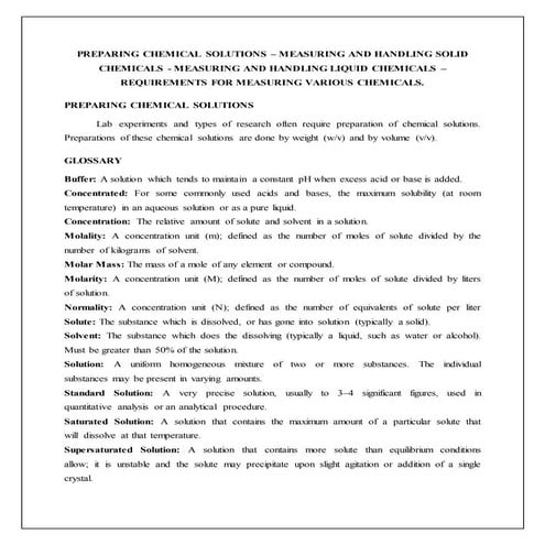PREPARING CHEMICAL SOLUTIONS – MEASURING AND HANDLING SOLID CHEMICALS ...