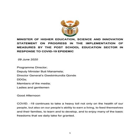 Dhet covid 19 update statement09062020minister | PDF | Infectious ...
