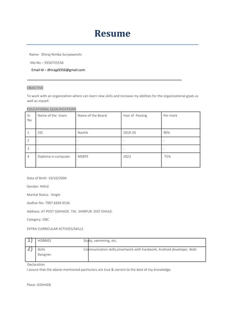 Dhiraj Suryawanshi CV | PDF Dhiraj Suryawanshi CV | PDF
