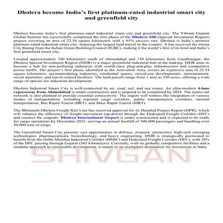 Dholera become India’s first platinum-rated industrial smart city and ...
