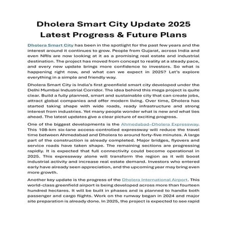 Dholera Smart City Update 2025 Latest Progress & Future Plans | PDF