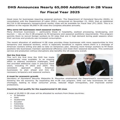 DHS Announces Nearly 65,000 Additional H-2B Visas for Fiscal Year 2025 | PDF