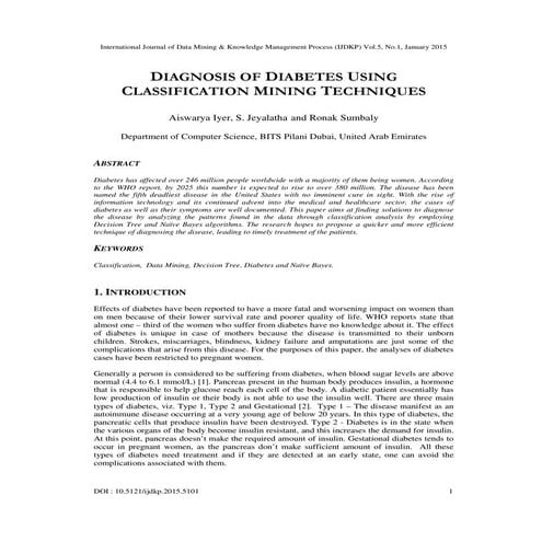 Diagnosis Of Diabetes Using Classification Mining Techniques [ Pdf
