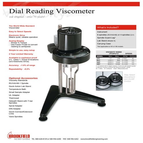 Brookfield Dial Viscometer Technical Brochures for Models LVT, RVT, HAT ...