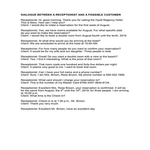 Dialogue between a receptionist and a possible customer | PDF