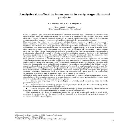 Analytics for effective investment in early stage diamond projects by ...
