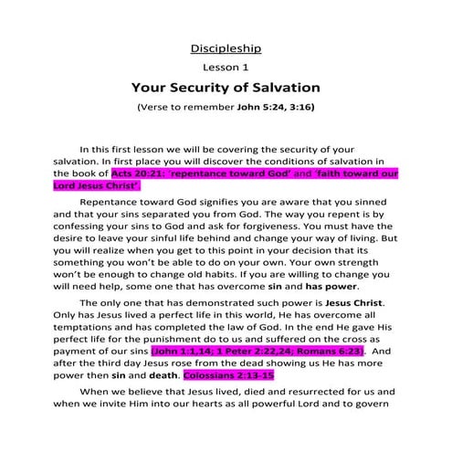 Discipleship Lesson #1 your security of salvation | PDF