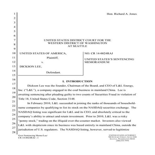 L & L Energy's (LLEN) Dickson Lee Sentencing Memorandum - 2015 | PDF