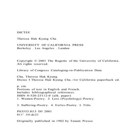 DICTEE Theresa Hak Kyung Cha UNIVERSITY OF CALIFOR | DOCX