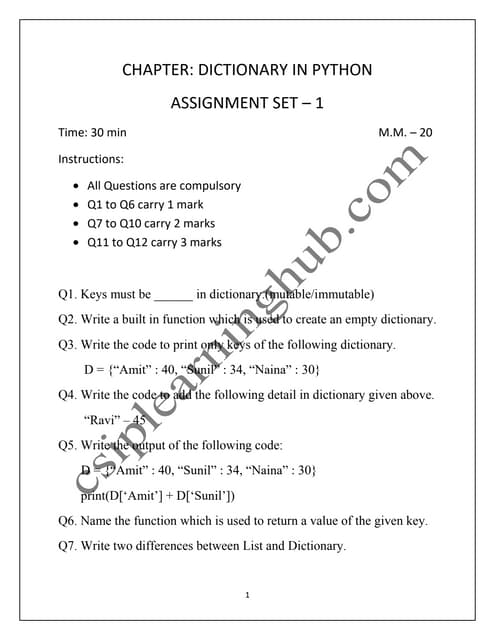 Cbse Python Dictionary Assignment Pdf