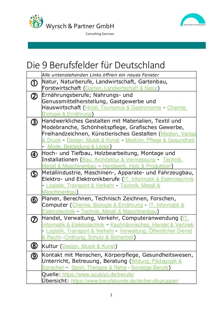 Die 9 Berufsfelder Deutschland