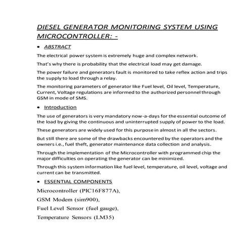 Diesel generator monitoring system using microcontroller | DOCX