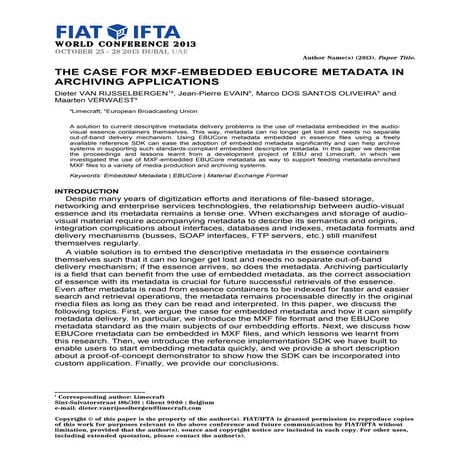 THE CASE FOR MXF-EMBEDDED EBUCORE METADATA IN ARCHIVING APPLICATIONS | Dieter VAN RIJSSELBERGEN ...