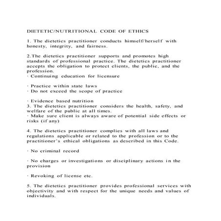 DIETETICNUTRITIONAL CODE OF ETHICS1. The dietetics practition | DOCX ...