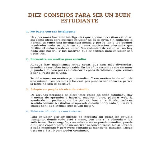 Diez consejos para ser un buen estudiante | PDF
