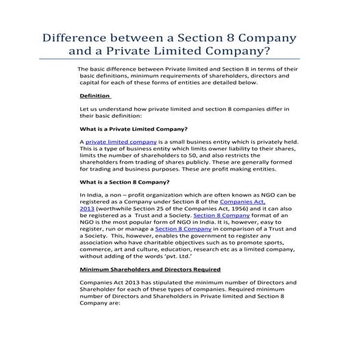 Difference between a Section 8 Company and a Private Limited Company? | PDF