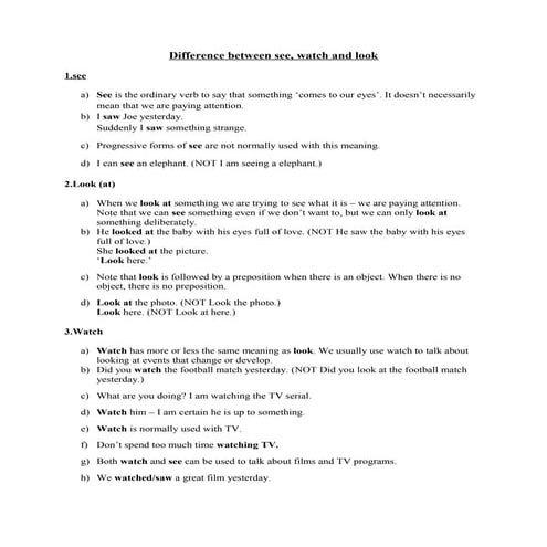 Difference between see, watch and look | DOC
