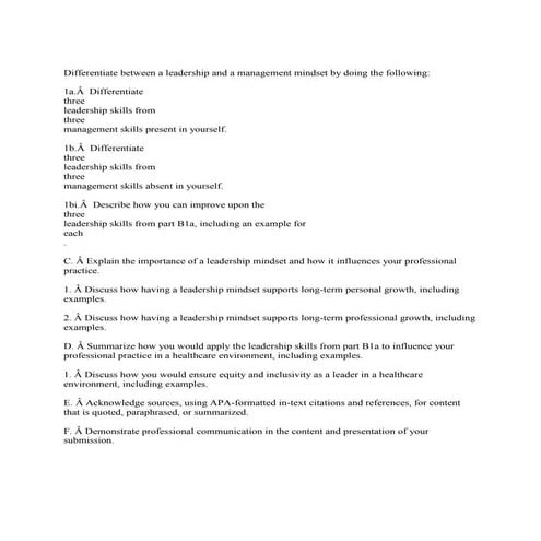 Differentiate between a leadership and a management mindset by doing t.docx
