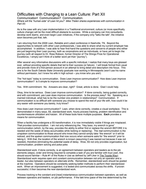 Difficulties With Changing To A Lean Culture Part 12 By Mike Thelen | PDF Difficulties With Changing To A Lean Culture Part 12 By Mike Thelen | PDF