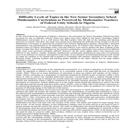 Difficulty levels of topics in the new senior secondary school ...