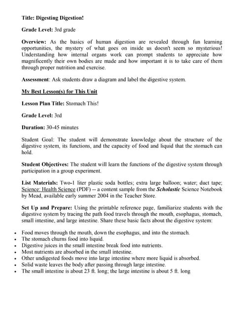 Detailed Lesson plan Sample Digestive Process | PDF