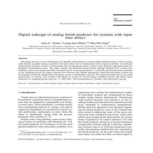 Digital redesign of analog Smith predictor for systems with input time delays | PDF