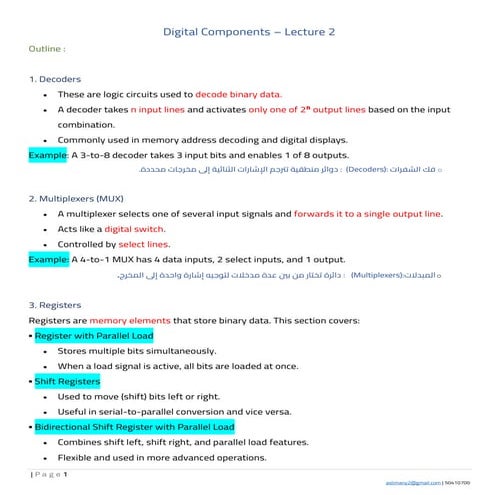 Digital Components - Lecture 2: Computer System Architecture Notes | PDF