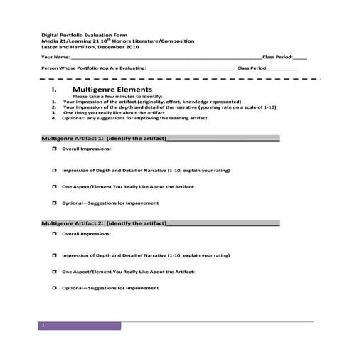 Digital Portfolio Peer Evaluation Form | DOCX